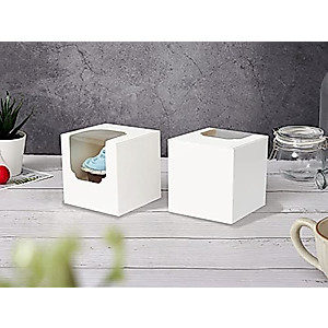 Shallive 100 Pcs Individual Cupcake Box White with Insert, 3.5" Treat Boxes with Window Bulk for Hot Cocoa Bombs and Cookies, Pre-Assembled for Easter Wedding Birthday Baby Shower Party