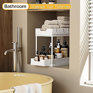 YFXCVSL 2-PACK Pull-Out Under Sink Organizer Double Sliding, 2 Tiers Under Bathroom Cabinet Organization, Kitchen Storage Shelf with Hooks, Sink Organizer, 14.41 “(H) * 8.7 “(W) * 15.6“(L), White