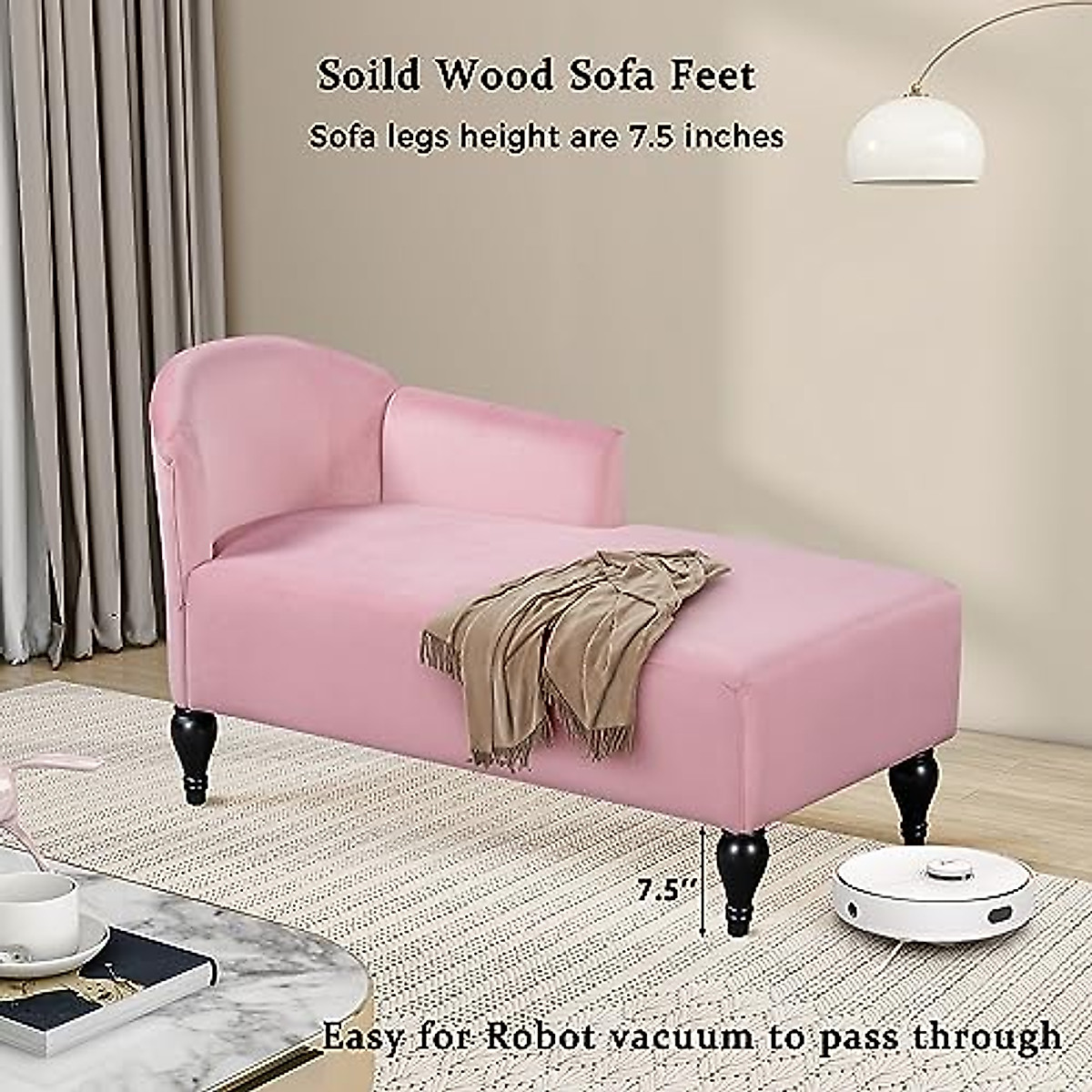 Bellemave Chaise Lounge Indoor, Velvet Upholstered Couch with Solid Wood Legs Corner Chair Arm Chase Lounge Sofa for Living Room, Office & Apartment (Pink)