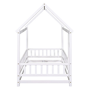 CITYLIGHT Twin Floor Bed Frame, Pine Wood, White With Roof, 20"W