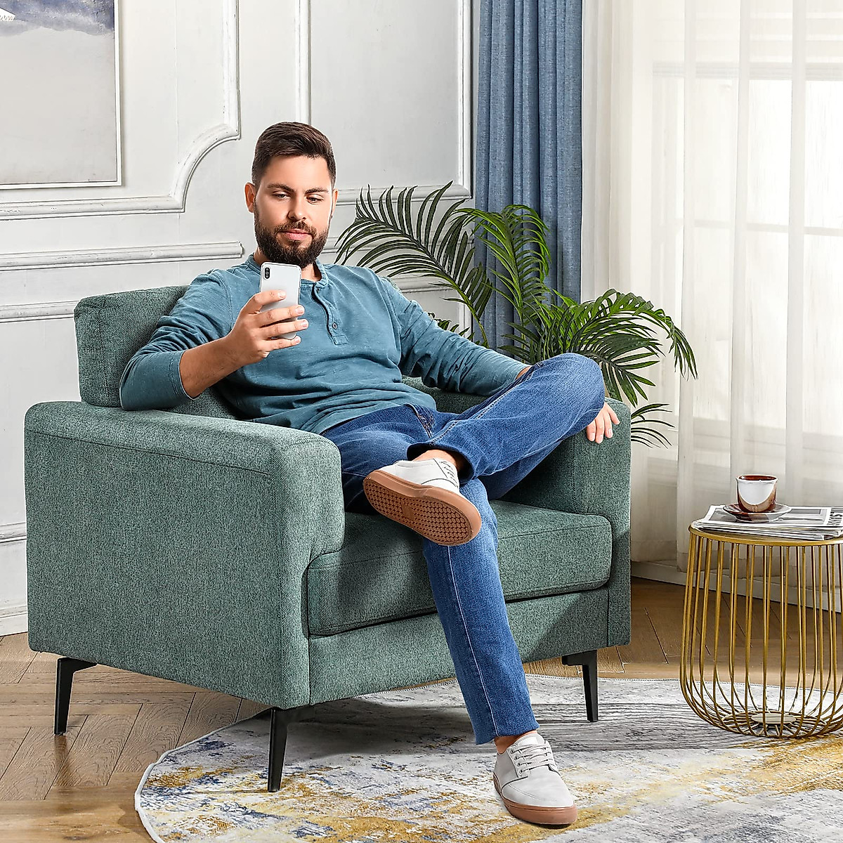 CDCASA Accent Chair, Linen Fabric Oversized Mid Century Modern Chair Set of 1, Comfy Upholstered Armchair Reading Accent Chairs Sofa Chairs for Bedroom Living Room, Green