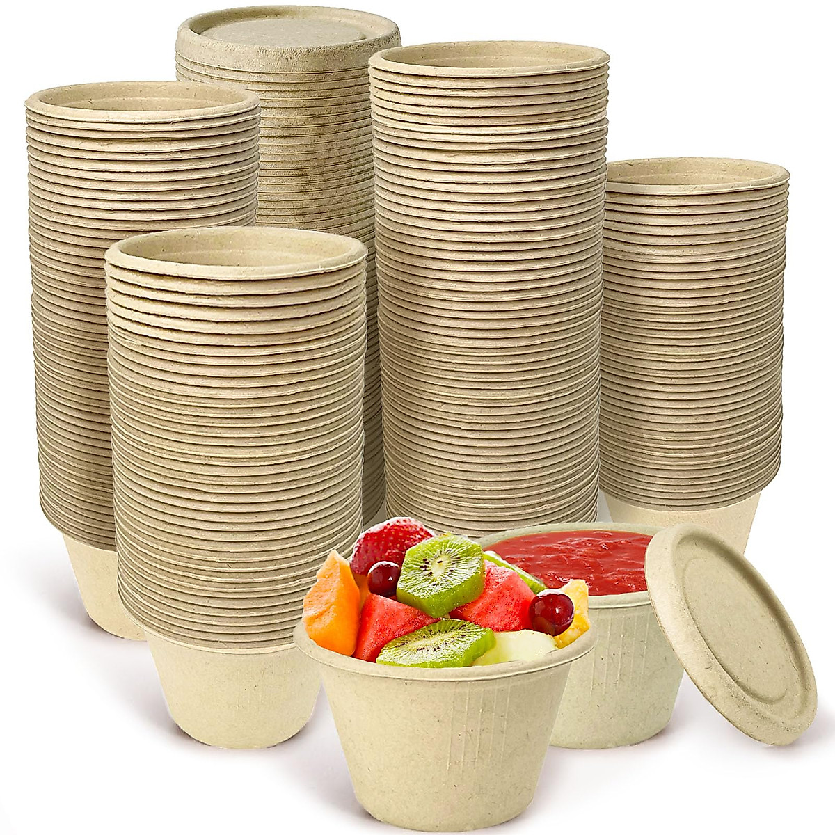 FUYCIEUM 150 Pieces Bagasse Fiber Souffle Cups with Lids, 4 Oz Biodegradable Sample Cups, Compostable Portion Cups for Condiment, Dips, Jams, Tomato Sauce, Snack, Honey, Nuts, Butter, Biscuits