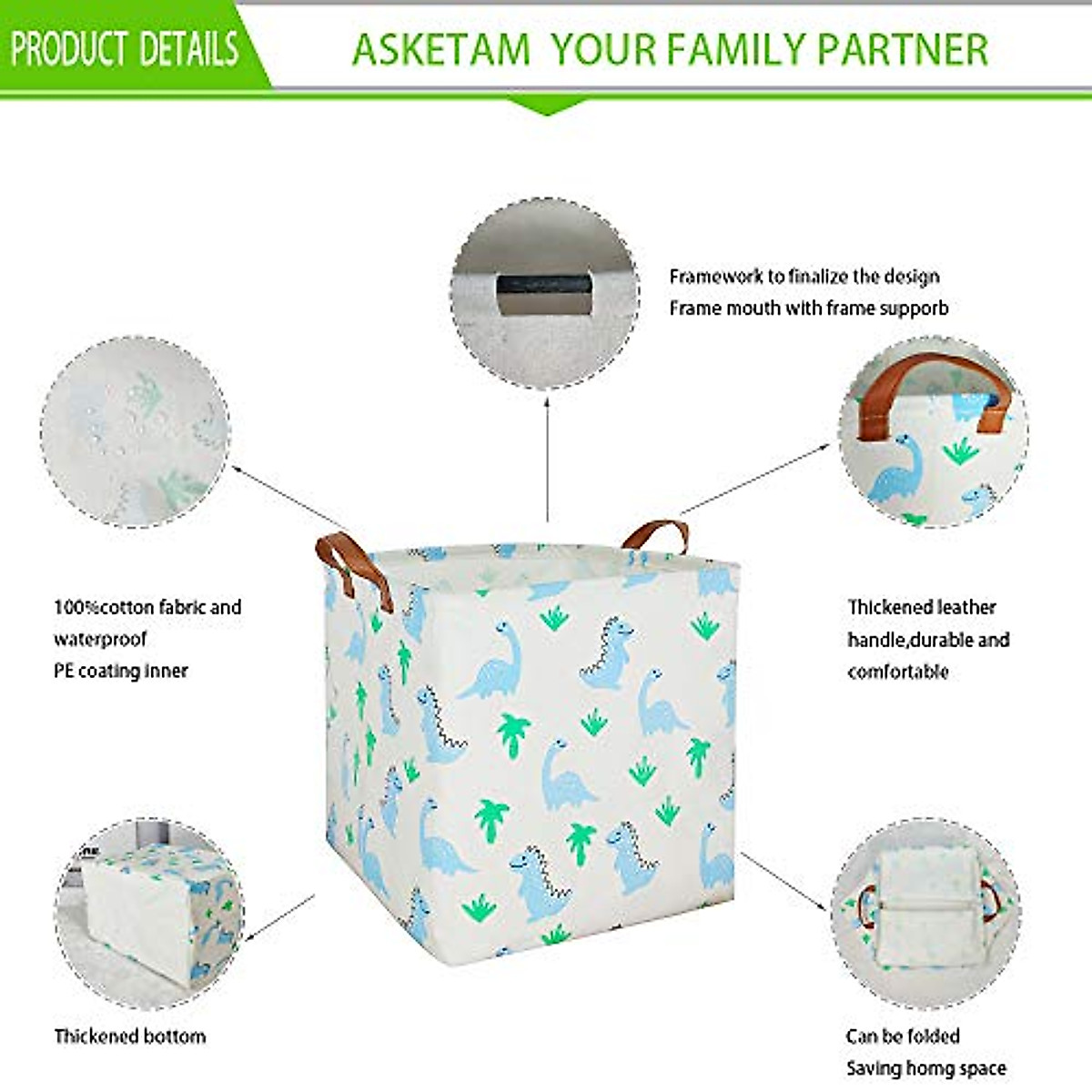 ASKETAM Square Canvas Collapsible Fabric Baby Toy Box Storage Bin Bedroom Decor Closet Kids Laundry Baskets Toy Organizer,Shelf Basket Nursery Storage,Gift Baskets(Blue Dinosaur)