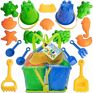 TOYLI Sand Toys Beach Set 19 Pieces with Bag, Sand Buckets, Shovels, Sand Sifters, Rakes, Sand Molds, Pail and Shovel Set for Kids Children Beach Toys for Toddlers 1-2 Snow Toys