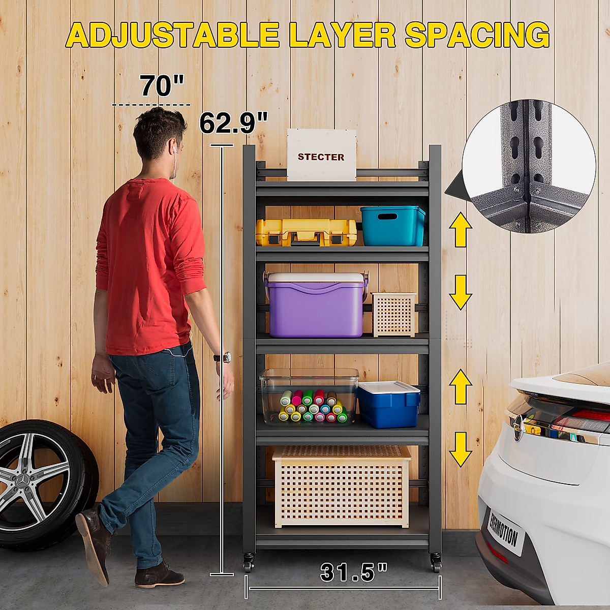 63" H Garage Shelving with Wheels,Sturdy Garage Shelves Heavy Duty Shelf,Large Metal Shelves,Adjustable Garage Storage Shelves Rack Unit for Warehouse Industrial Basement Storage,Steel