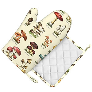 antscvotore The Various Mushroom Art Oven Mitts and Pot Holders Sets,Resistant Recycled Infill Silicone Non-Slip BBQ Gloves for Kitchen,Cooking,Baking,Grilling