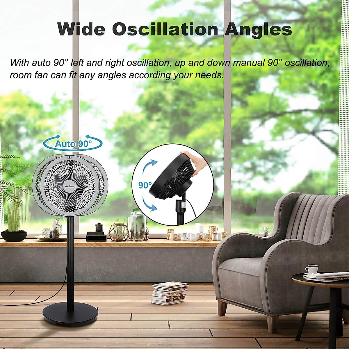SONBION Standing Fan, Oscillating Pedestal Fan with Remote Control, Electric Fans for Home, Air Circulator Fan Floor Fan for Room Office Garage, Two Height Settings and Timer Function, Three Speeds