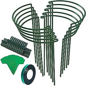 Unves 10 Pack Plant Stakes, 10" W x 16" H High Half Round Metal Peony Cages and Supports with Plant Labels, Clips and Ties, Green Garden Plant Support Ring for Outdoor Plants Tomato, Flowers Vine
