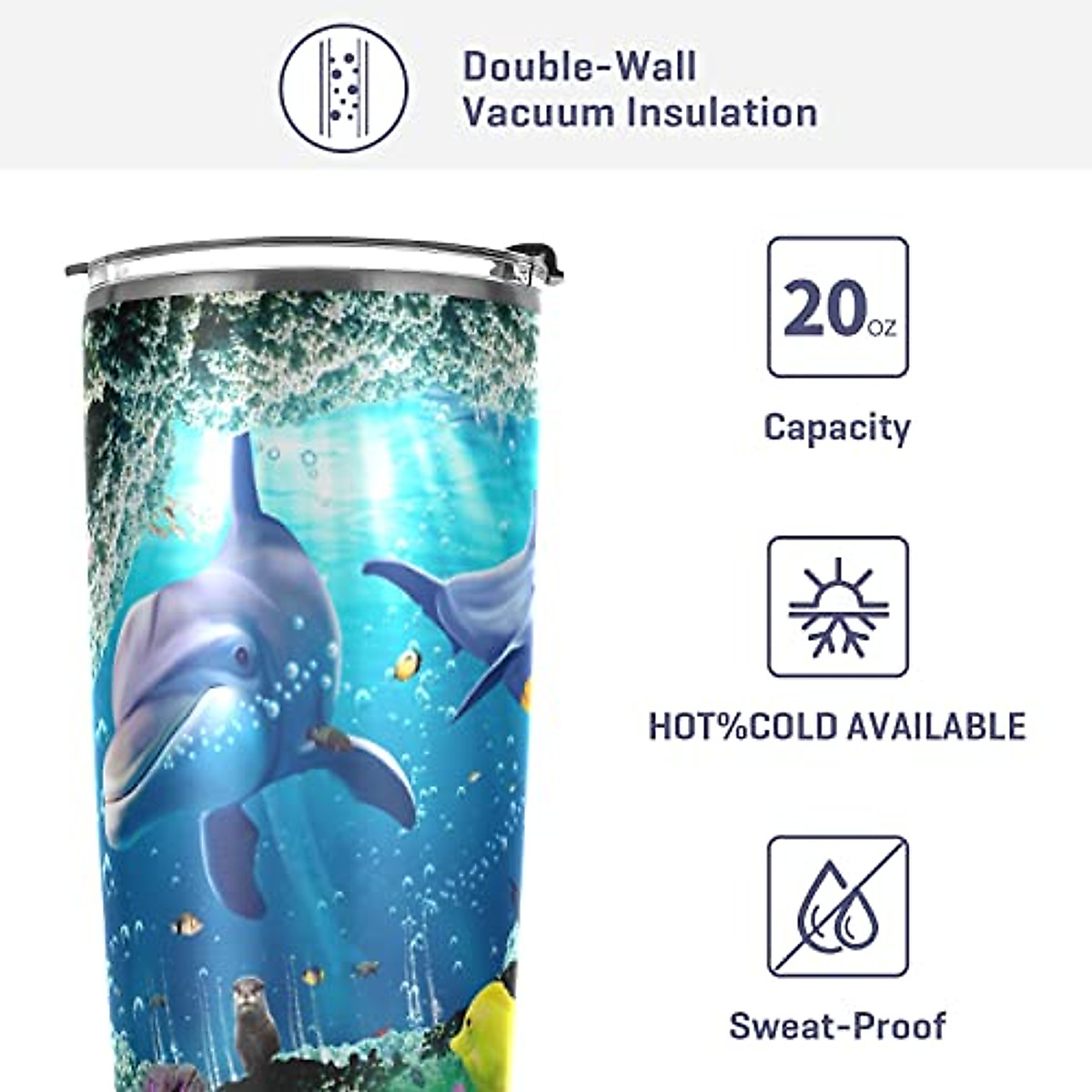 ALAZA 3D Dolphin Ocean Insulated Travel Tumbler Mug with Lid & Straw Double Wall Vacuum Water Bottle Car Cup Stainless Steel, Hot and Cold Thermos, 20oz