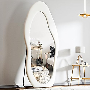 VooBang 63"x24" Irregular Mirror Full Length, Flannel Cloud Floor Mirror with Stand, Full Body Freely Standing Mirror for Bedroom, Living Room, Hanging or Against The Wall, White