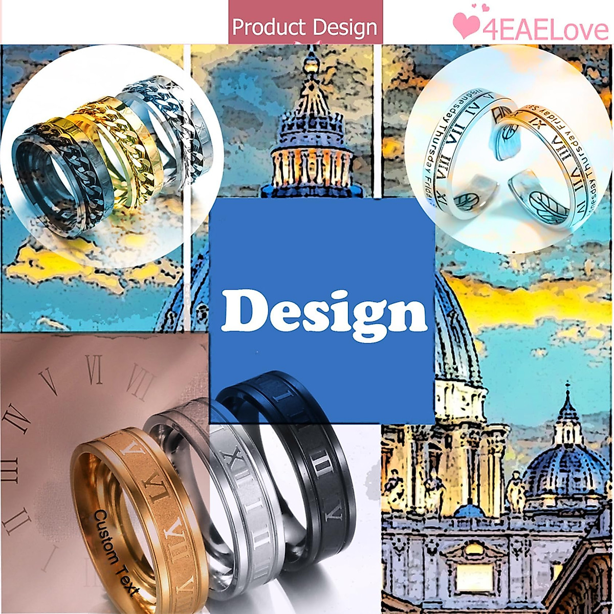 4EAELove Custom Roman Numeral Ring for Men Text Engraved Personalized Graduation for Women Men Thumb Stainless Steel 6mm Black Silver Gold