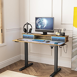 Saedew Electric Adjustable Standing Desk, Sit Stand Desk with Power Outlets & LED Lights 48”Adjustable Height Standing Desk with Drawers Adjustable Table Desk Riser for Home Office