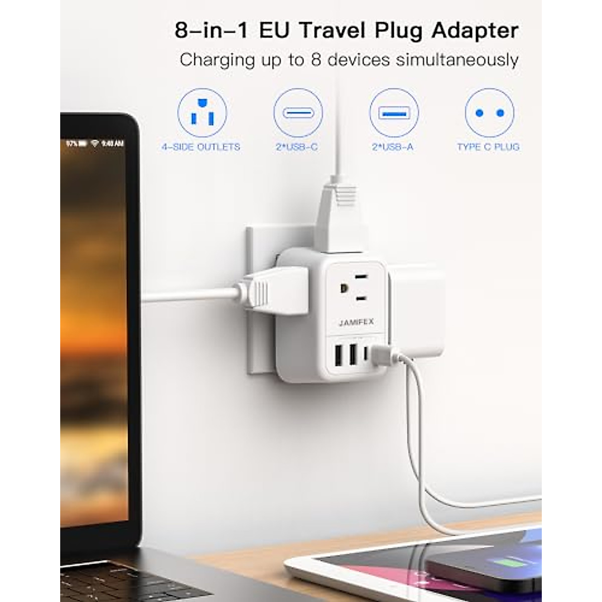 Foldable European Travel Plug Adapter, JAMIFEX International Power Plug Adaptor with 4 Outlets 4 USB(2 USB-C) Ports, Type C EU Adapter US to Most Europe Spain Italy France Germany
