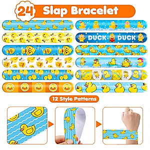 48PCS Duck Party Favors 24PCS Tattoos 24PCS Slap Bracelets Gifts Ideal Birthdays Party Supplies Decorations Cute Snap Bracelets Decor Baby Shower Classroom School Prizes Boys Girls Rewards
