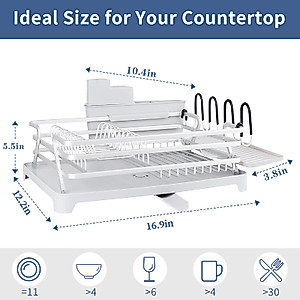 [Upgraded] Aluminum Dish Drying Rack, ROTTOGOON Rustproof Dish Rack and Drainboard Set with Drainage, Utensil Holder, Cup Holder, Compact Dish Drainer for Kitchen Counter, 16.9"L x 12.2"W, Light Gray