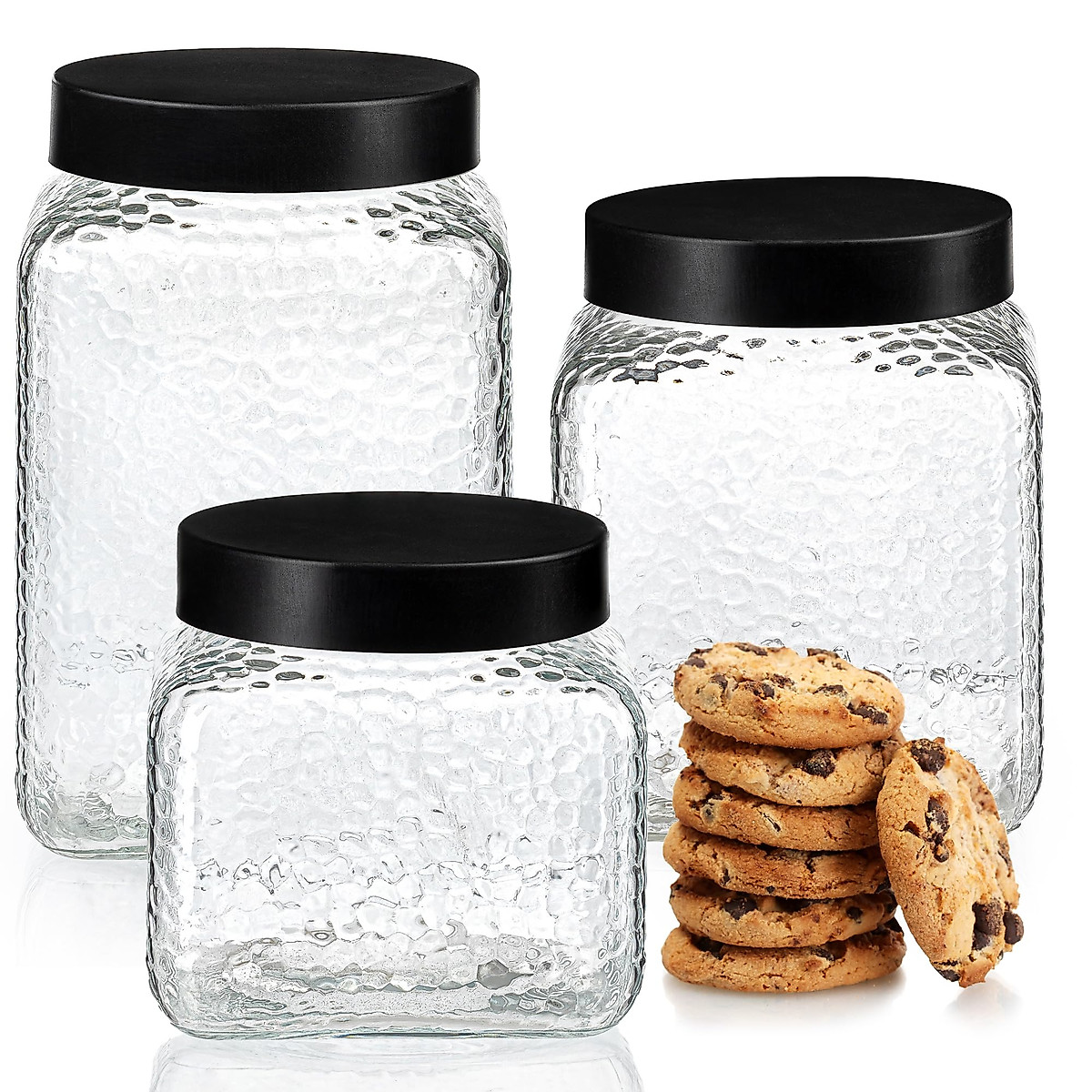 kitchentoolz Large Glass Jar Container Set - Retro Design - Food Storage & Pantry Organization Canisters Cookie, Flour, Tea, Sugar, Candy Jars Storage - Set of 3