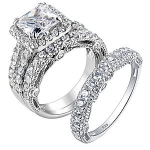 Wuziwen 4Ct Engagement Rings for Women Sterling Silver Cubic Zirconia Wedding Bridal Ring Set With 2 Band Size 7