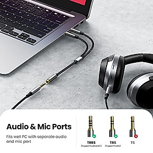 UGREEN Headphone Splitter for Computer 3.5mm Female to 2 Dual 3.5mm Male Braided Audio Splitter Cable Microphone Stereo Jack Earphones Port Cord Gaming Headset to PC Laptop Adapter Black