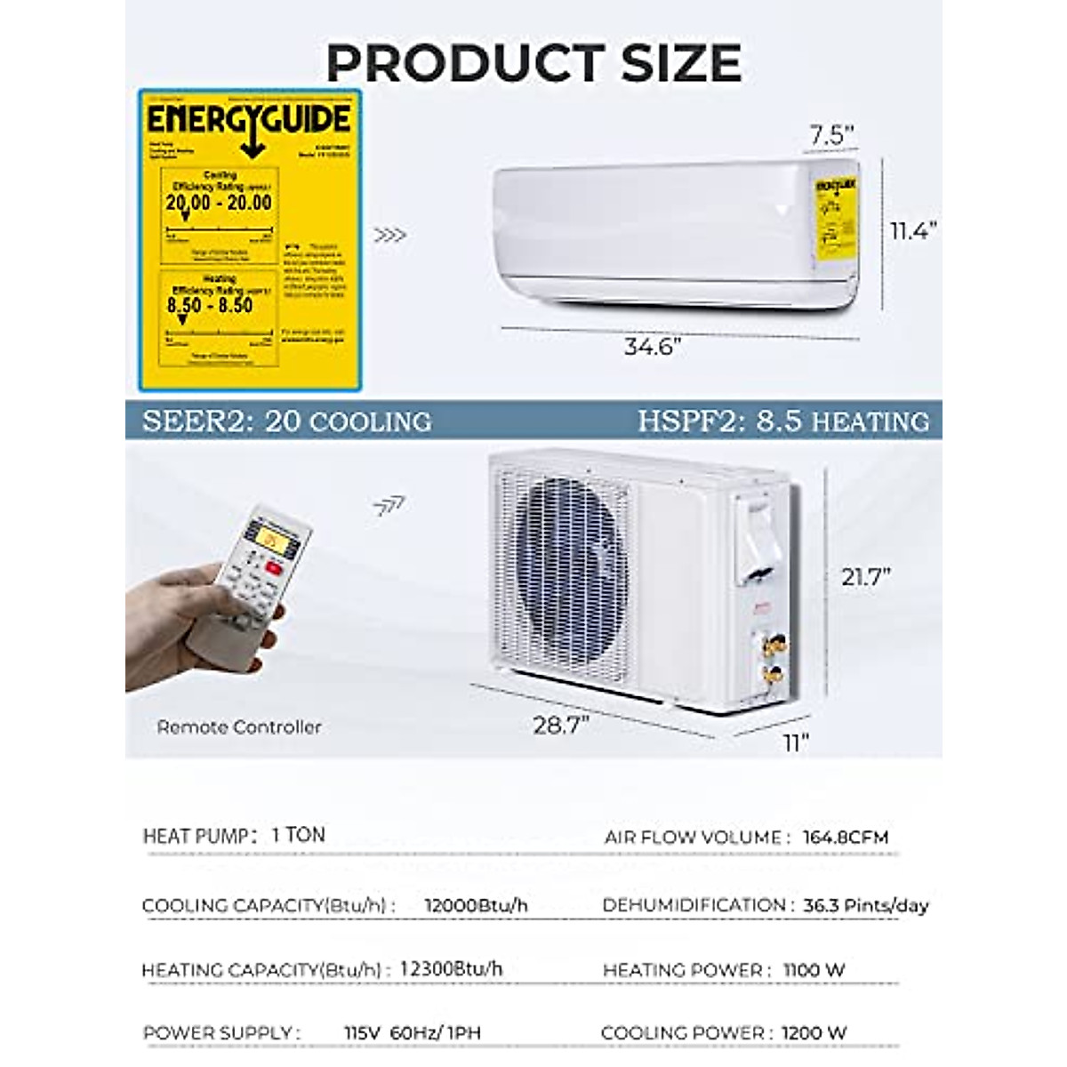 SIMOE 12000BTU Mini Split Air Conditioner and Heater, 115V 20 SEER2 Ductless AC Unit with 1 Ton Heat Pump & Ductless Inverter System, Energy Efficient Unit Rooms up to 750 Sq.Ft