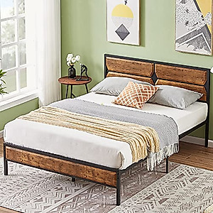 VECELO Queen Bed Frame Heavy Duty Metal Platform with Wooden Headboard Footboard Mattress Foundation 12 Strong Steel Slats Support Under Bed Storage/Easy Assemble