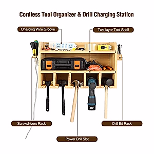 Stonehomy Power Tool Organizer Wood, Cordless Tool Organizer Drill Storage Rack Wall Mount, Drill Charging Station Power Tool Holder for Garage, Workshop, Home