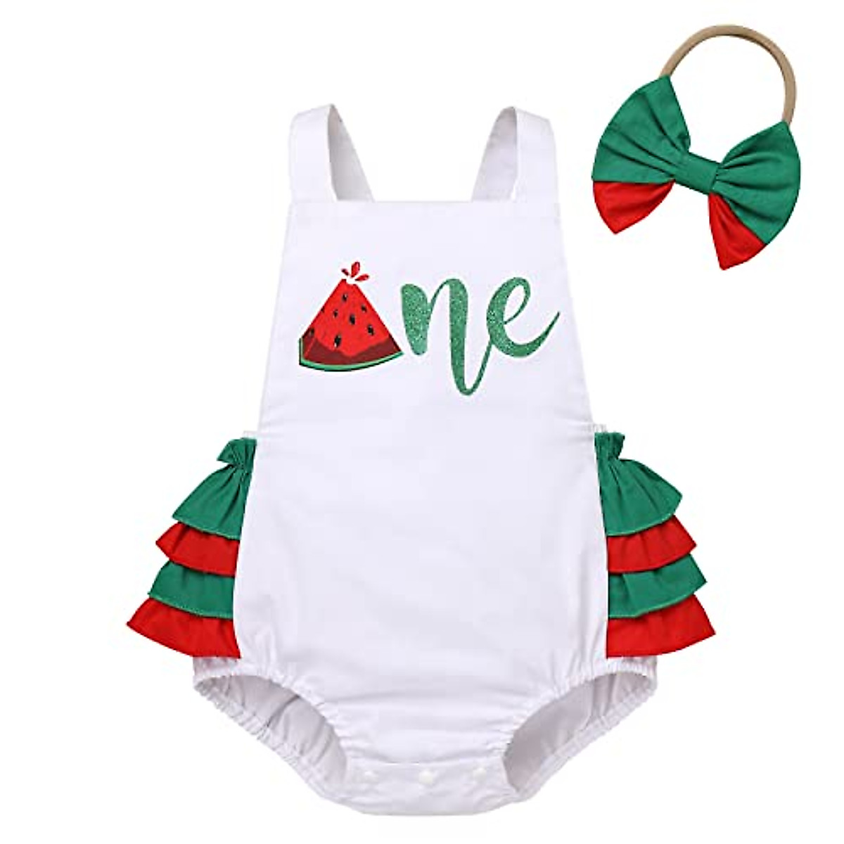 IMEKIS Melon First Birthday Outfit Girl One Cake Smash Boho Baby 1st Birthday Dress Watermelon Themed Party Supplies One Year Old Romper Sunsuit Toddler Summer Photoshoot Green Melon 12-18 Months