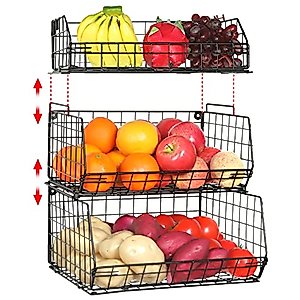 Fruit Vegetable Basket 3-Tier Stackable Fruit Bowl Wall-mounted Countertop Wire Storage Detachable Bin for Potato Onion Tomato Storage Kitchen Organizer Pantry Baskets Cabinet With Adjustable Feet