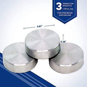 Pinewood Car Derby Tungsten Weight 3-Pack - 1.59oz Each, 0.87" Dia. x 0.28" Wide