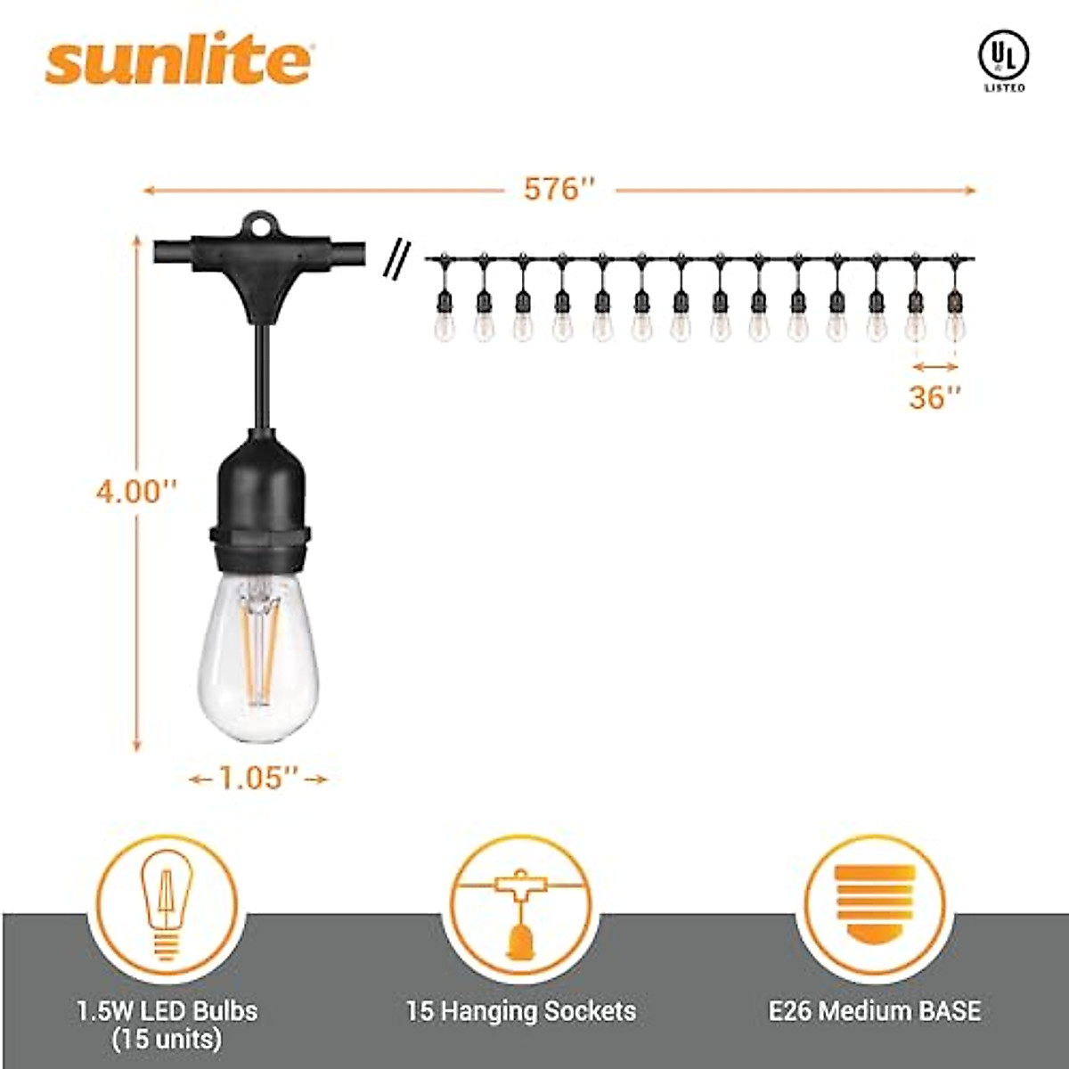 Sunlite 80572 48ft Outdoor String Lights, 1.5W Commercial Grade, Waterproof, Linkable Strands, UL Listed, 15 Hanging Sockets, Shatterproof LED Edison Bulbs Included, 2700K Warm White