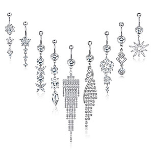 ORAZIO Silver Tone Dangle Belly Button Rings Stainless Steel Belly Ring Navel Piercings