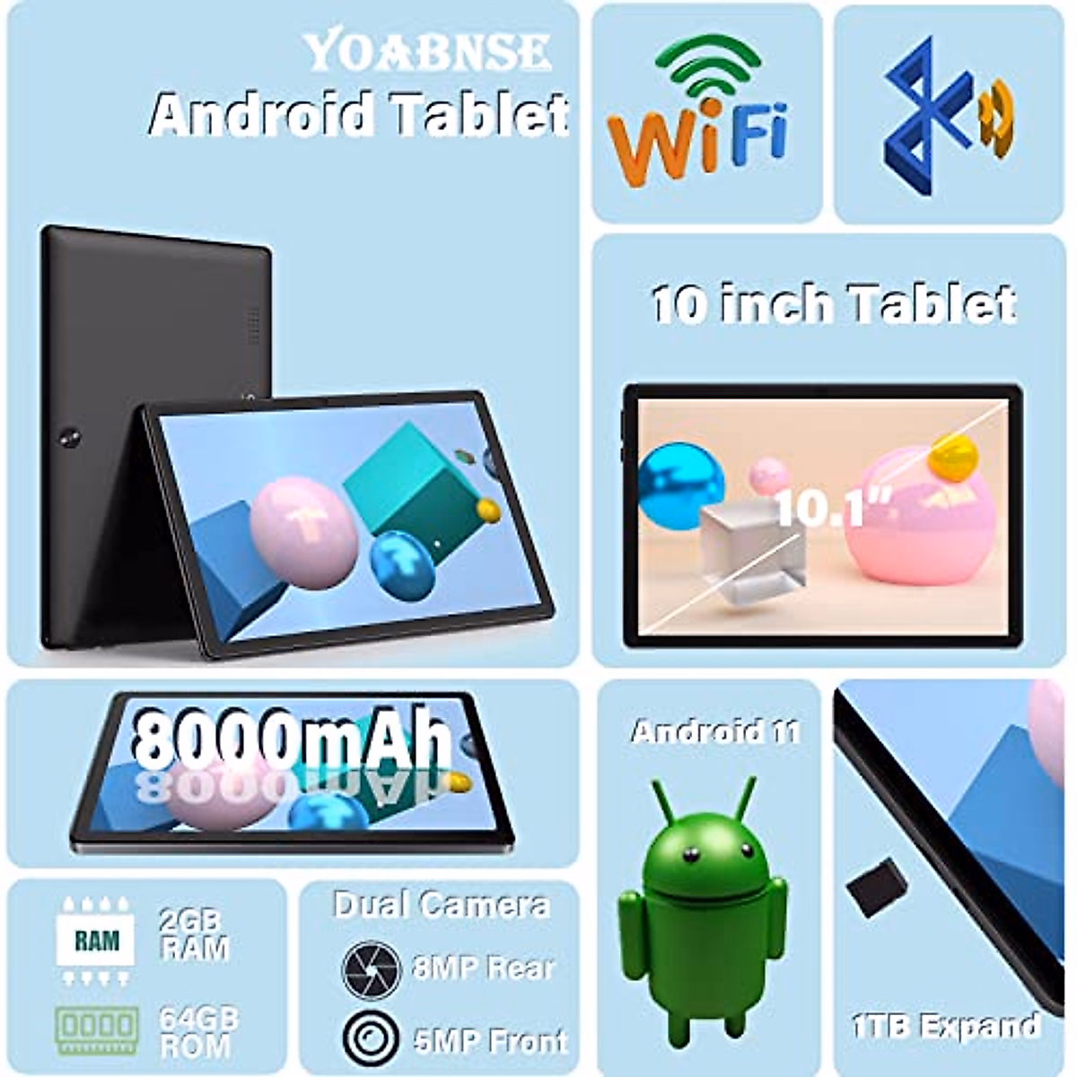 Android Tablet 10 inch, Android 11.0 Tablet, 2GB RAM 64GB ROM, 1TB Expand Android Tablet with Dual Camera, WiFi, Bluetooth, 8000mAh, HD Touch Screen, Google GMS Certified…
