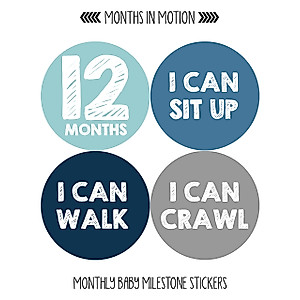 Months in Motion Baby Monthly Stickers - Baby Milestone Stickers - Newborn Boy Stickers - Month Stickers for Baby Boy - Baby Boy Stickers - Newborn Monthly Milestone Stickers - Set of 20