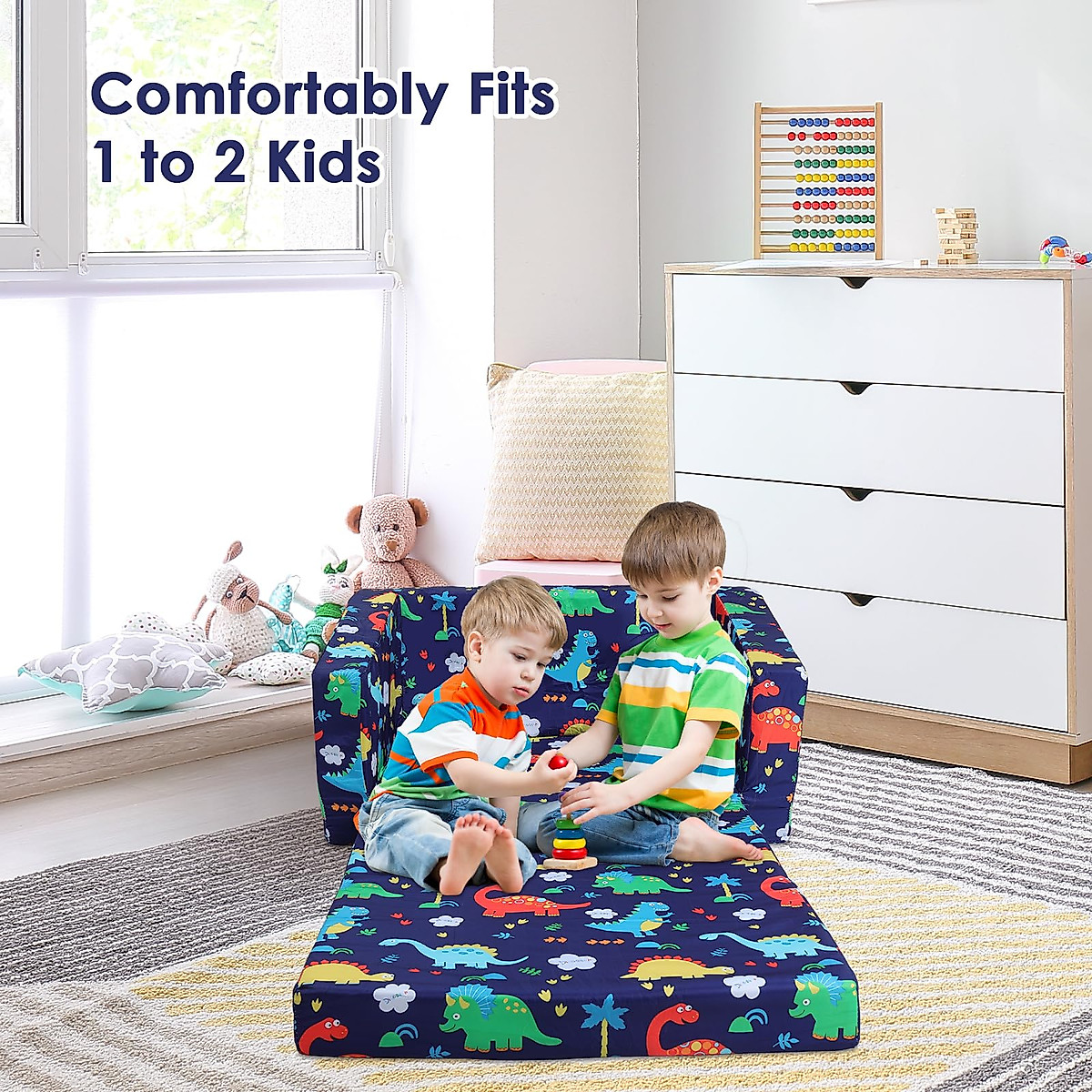 decalsweet Kids Couch Convertible Sofa to Lounger for Toddler Boy, Foldable 2-in-1 Kids Sofa Bed, Toddler Chairs Comfy for Bedroom Playroom, Blue Dinosaur