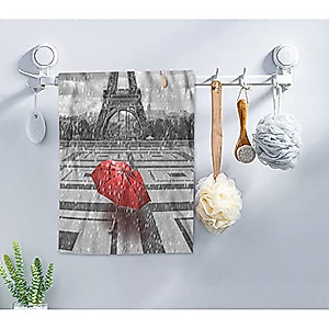 AOYEGO Eiffel Tower Red Umbrella Beach Towels Rainy Day in Paris France Gray Microfiber Soft Towels for Bath Hair Hand Towel for Women/Men/Girls/Boys 15x30 Inch