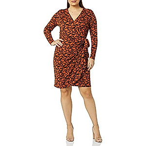 Amazon Essentials Women's Long Sleeve Classic Wrap Dress (Available in Plus Size), Brown Floral Print, Large