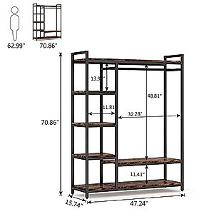 LITTLE TREE Free-standing Closet Organizer, Heavy Duty Clothes Closet, Portable Garment Rack with 6 Shelves and Hanging rod, Black Metal Frame&Rustic Board Finish