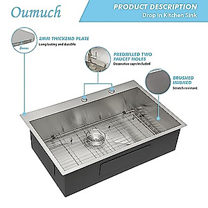 Oumuch 33 Inch Undermount Kitchen Sink Stainless Steel 33" Single Bowl Undermount Sinks 18 Gauge 33x19 In Single Basin Sink