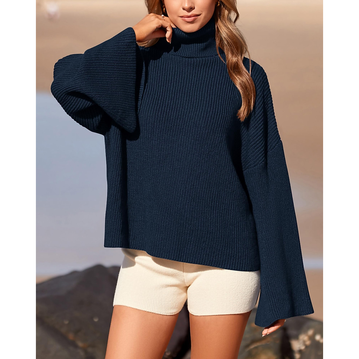 BTFBM Women's Turtleneck Pullover Sweaters 2024 Fall Winter Bell Long Sleeve Slouchy Oversized Ribbed Knit Jumper Tops(Solid Dark Blue, Small)