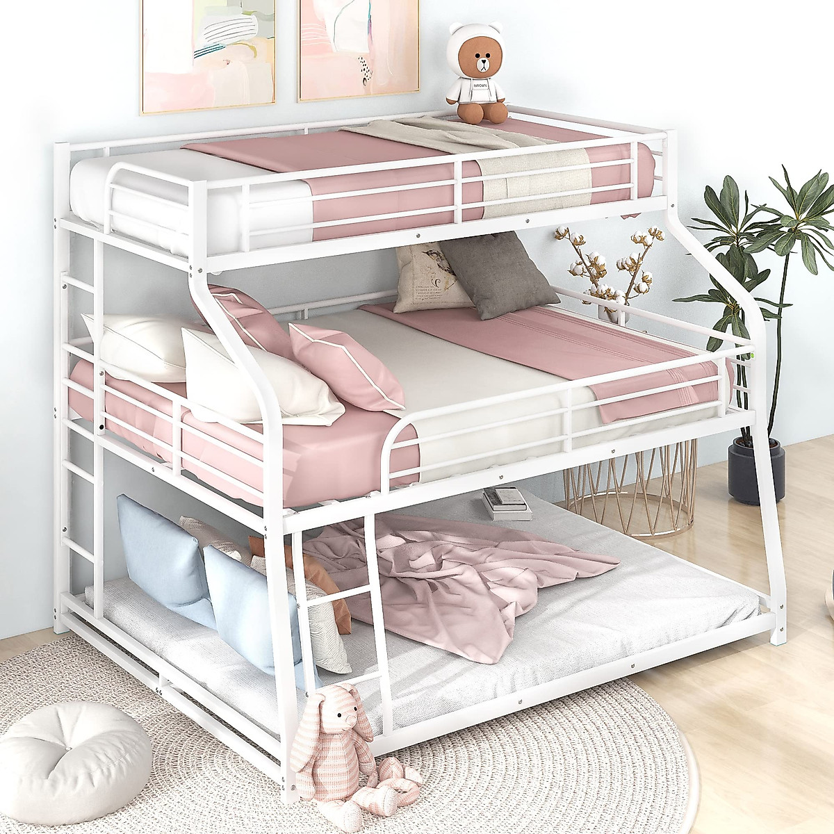 Triple Bunk Beds Twin XL/Full XL/Queen, Made of Heavy Duty Steel with Ladders and Full-Length Guardrails for Boys, Girls, Teens (White)