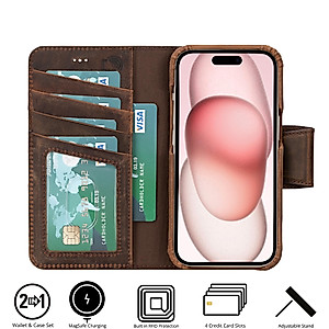 BLACKBROOK Premium Full-Grain Leather Wallet Case for iPhone 15 (6.1"), Burkley Magnetic Detachable 2-in-1 Set, 4 Credit Card Slots, Cash & ID Pocket, with RFID (Distressed Coffee, iPhone 15)