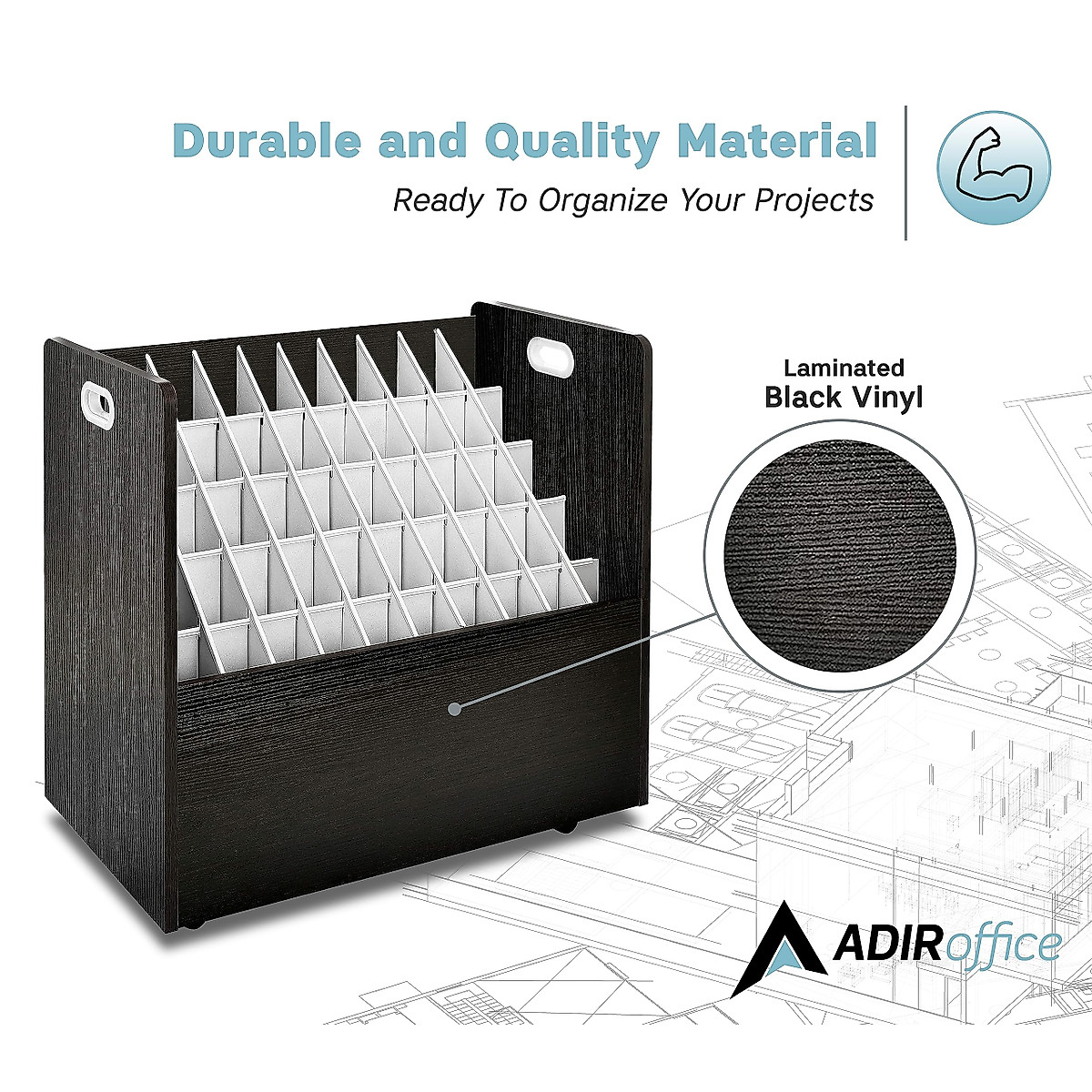 Adir Mobile Blueprint Roll File Holder - Mobile Roll File Organizer Cart for Home Office or School. 50 Slots Blueprint File Holder with Wheels for Maps, Plans, Posters