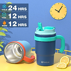 Fimibuke 16oz Kids Insulated Tumbler with Handle & Straws - 2 Pack BPA FREE 18/8 Stainless Steel Toddler Cups with Sip/Swig 2-in-1 Lids, Leak Proof Kid Drinking Cup Travel Mugs for Children Boys Girls