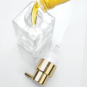 mDesign Modern Square Glass Refillable Foaming Hand Soap Dispenser Pump Bottle for Bathroom Vanities or Kitchen Sink, Countertops - Clear/Soft Brass