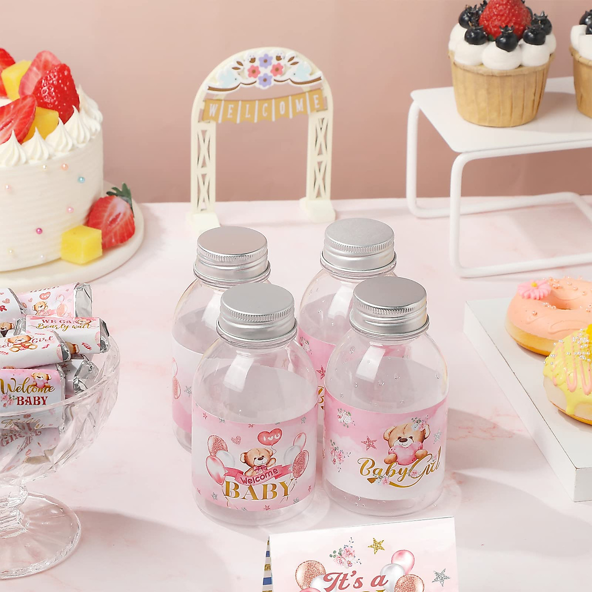 Clabby 39 Pieces Baby Shower Water Bottle Labels Shower Water Bottle Stickers Wrappers Waterproof Baby Shower Labels for Baby Shower Party Decoration (Pink)