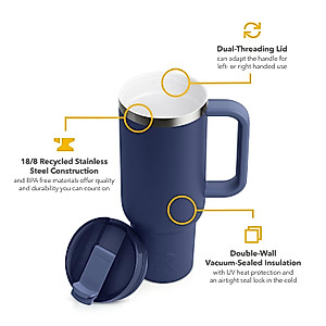 RTIC 40 oz Road Trip Tumbler Double-Walled Insulated Stainless Steel Portable Travel Coffee Mug Cup with Lid, Handle and Straw, Navy