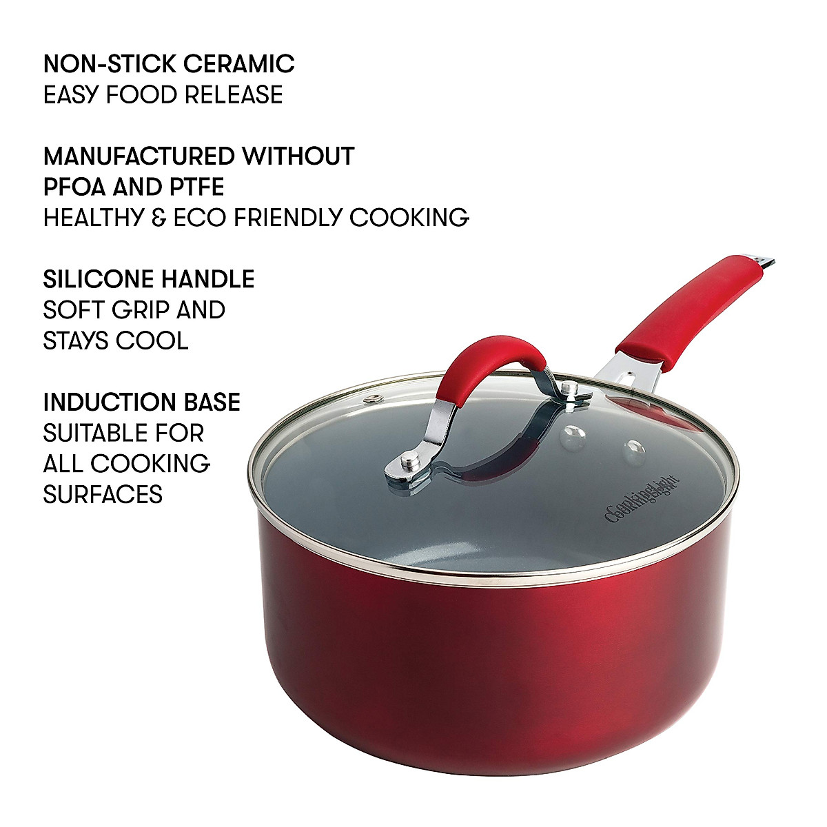 Cooking Light Allure Non-Stick Ceramic Cookware with Silicone Stay Cool Handle, 3 Quart Saucepan, Red
