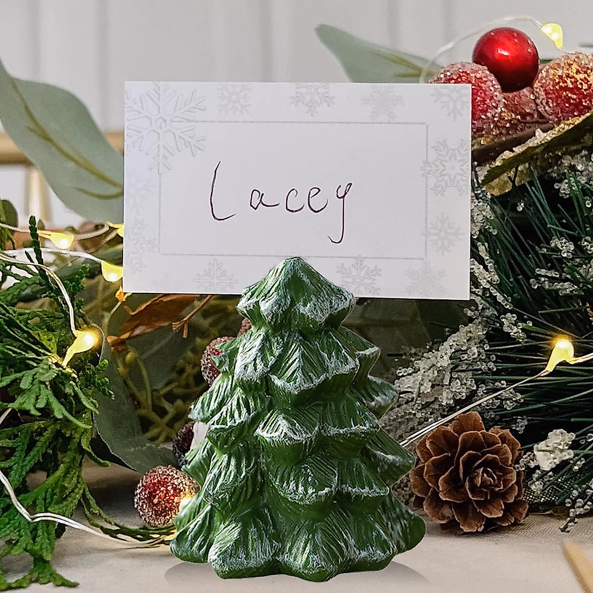 Christmas Tree Place Card Holders Name Card Holder for Table Settings, Green Table Number Holders Decorations Food Tent Lables Holder for Xmas Party, Winter Wedding, New Year Holiday, Set of 6