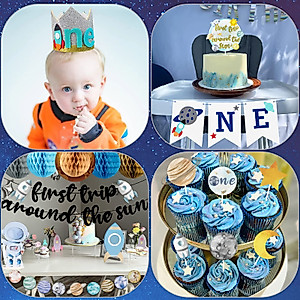 First Trip Around The Sun Birthday Party Decoration Pack, 1st Baby Shower Birthday Party Supplies Include Banner, Star Garland, High Chair ONE Banner, Cake Toppers, Latex and Foil Balloons, Felt Hat