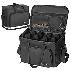 IBVIVIC 8 Slots Wireless Microphone Case with Foam, 1680D Heavy Duty Oxford Fabric Microphone Bag with Shoulder Strap, BLACK