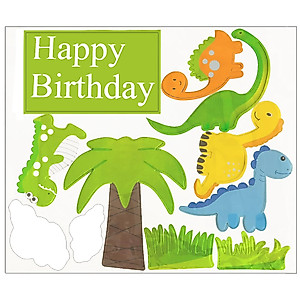 Dinosaur Cake Toppers for Boys and Girls, Dinosaur Cupcake Toppers Happy Birthday for Kids 1 2 3 4 5 6 7 8 year olds, Birthday Cake Decorations Cards Party Supplies with Clouds and Tree